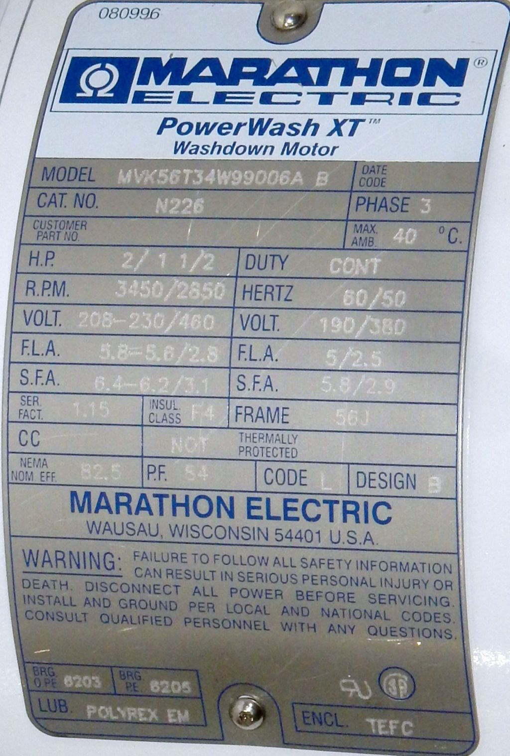 Marathon, N226 , 2 HP, 3600 RPM, 208/230/460 Volts, TEFC, 56J, New ...