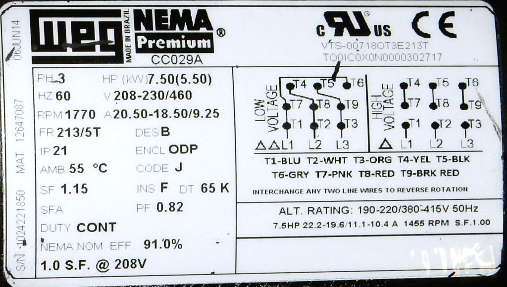 WEG-7.5 HP, 1800 RPM, 208-230/460 Volts, ODP, 213/215T, WEG, VTS ...